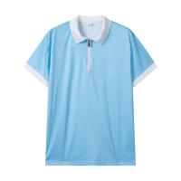China Unisex Sky Blue Micro-Stripe Half-Zip Polo Shirt with Breathable Fabric and Contrast Collar for sale