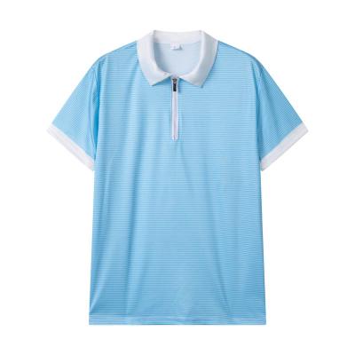 China Unisex Sky Blue Micro-Stripe Half-Zip Polo Shirt with Breathable Fabric and Contrast Collar for sale