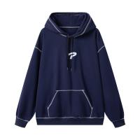 China Navy Oversized Relaxed Fit Fleece Hoodie with Contrast Flatlock Seams and Back Slogan Print for sale