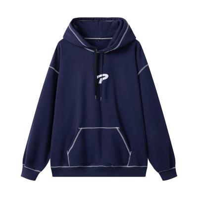 China Navy Oversized Relaxed Fit Fleece Hoodie with Contrast Flatlock Seams and Back Slogan Print for sale