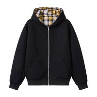 China Men's Black Full-Zip Hoodie with Contrast Plaid Lining and Medium-Weight Fleece for Regular Fit for sale