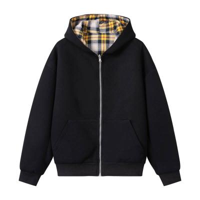 China Men's Black Full-Zip Hoodie with Contrast Plaid Lining and Medium-Weight Fleece for Regular Fit for sale