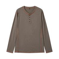 China Men's Slub Cotton Blend Henley Top with Contrast Stitching and Relaxed Fit Long Sleeve Polo for sale