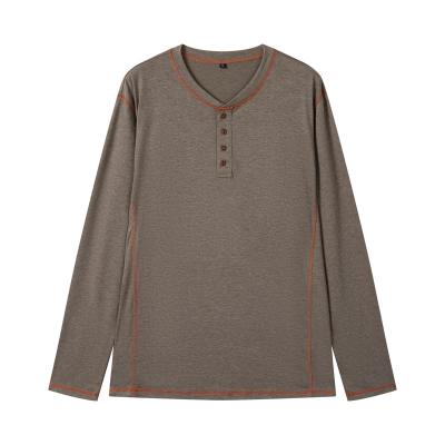 China Men's Slub Cotton Blend Henley Top with Contrast Stitching and Relaxed Fit Long Sleeve Polo for sale