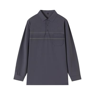 China Men's Jacquard Textured Long-Sleeve Polo Shirt with Contrast Gold Stripe and Wrinkle-Resistant Fabric for sale