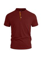 China Men's Short Sleeve Henley T-Shirt with Stand Collar & Chest Pocket, Casual Slim Fit Cotton Blend Tee for sale