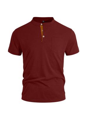 China Men's Short Sleeve Henley T-Shirt with Stand Collar & Chest Pocket, Casual Slim Fit Cotton Blend Tee for sale
