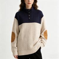 China Men's Colorblock Jacquard Hoodie with Suede Elbow Patches and Mock Neck Henley Sweatshirt for sale