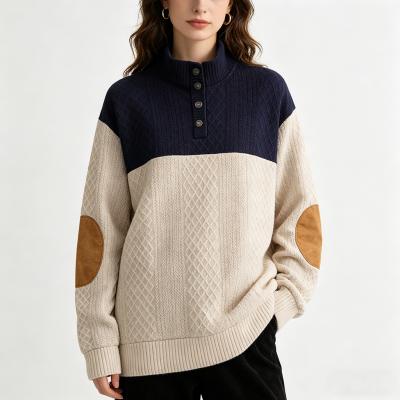 China Men's Colorblock Jacquard Hoodie with Suede Elbow Patches and Mock Neck Henley Sweatshirt for sale