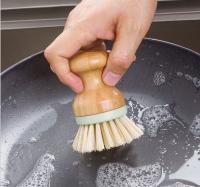 China 3.9in Kitchen Scrub Brush Bamboo Dish Scrubber Brush 2inch Long Bristles 150g With Wood Handle for sale