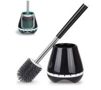 China Black Toilet Brush And Holder Stainless Steel With Soft Silicone Bristle for sale