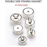 China Grade NdFeB 600KG Double Side Fishing Magnet With Two Rings Pot Neodymium Magnets Kit for sale