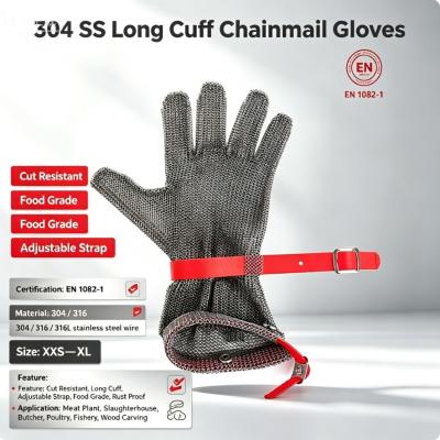 China 304 Stainless Steel Long Cuff Chainmail Gloves-Cut Resistant Adjustable Strap for Meat Plant and Slaughterhouse for sale