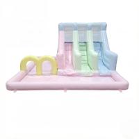 China Pastel Rainbow Triple Lane Inflatable Slide with Ball Pit Bounce House 5x5m PVC for Kids Parties for sale