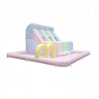 China Pastel Rainbow Triple Lane Inflatable Slide with Ball Pit Bounce House 5x5m PVC for Kids Parties for sale