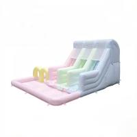 China Pastel Rainbow Triple Lane Inflatable Slide with Ball Pit Bounce House 5x5m PVC for Kids Parties for sale