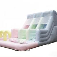 China Pastel Rainbow Triple Lane Inflatable Slide with Ball Pit Bounce House 5x5m PVC for Kids Parties for sale