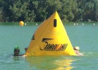 China 1.2m Yellow Triangle Inflatable Marker Buoy for Triathlon Races with Custom Logo Printing for sale