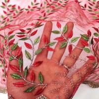 China Mesh Polyester Floral Red Embroidered Tulle Lace Fabric 130cm for sale