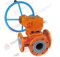 China 3 Way FEP/PFA Lined Ball Valve Worm Gear Operated Flange Type for sale