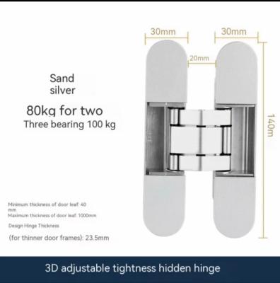 China Satin Nickel Stainless Steel 180° Opening Hidden Cross Hinge 3D Invisible Hinge 120kg for sale