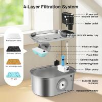 China 3.2L Stainless Steel Wireless Rechargeable Cat Fountain Automatic Dog Water Dispenser with Motion Sensor for sale