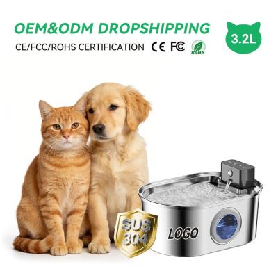China Wireless Cat Pet Water Fountain 3.2L Rechargeable Stainless Steel Dog Waterer for sale