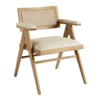 China Indoor Rattan Back Dining Chair With Soft Upholstered Linen Seat And Armrests for sale