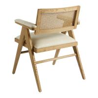 China Indoor Rattan Back Dining Chair With Soft Upholstered Linen Seat And Armrests for sale