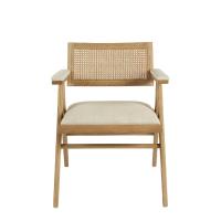 China Indoor Rattan Back Dining Chair With Soft Upholstered Linen Seat And Armrests for sale