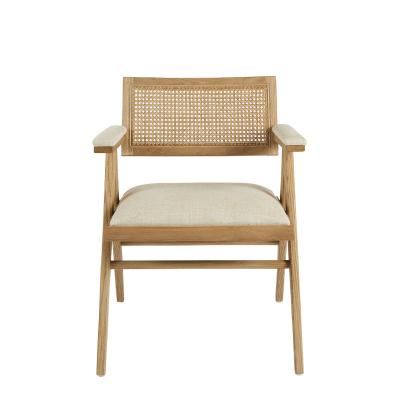 China Indoor Rattan Back Dining Chair With Soft Upholstered Linen Seat And Armrests for sale