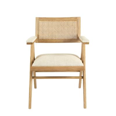 China Natural Rattan Back Dining Chair with Upholstered Cotton/Linen Cushion and Elegant Armrests for sale