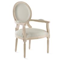 China Vintage French Dining Chair with Oval Upholstered Back, Linen Seat, and Armrests for sale