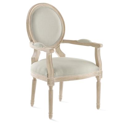 China Vintage French Dining Chair with Oval Upholstered Back, Linen Seat, and Armrests for sale