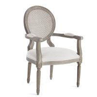 China Vintage French Dining Chair with Gray Distressed Paint, Armrests, and Linen Upholstered Seat for sale