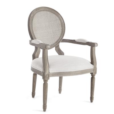 China Vintage French Dining Chair with Gray Distressed Paint, Armrests, and Linen Upholstered Seat for sale