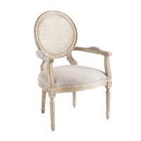 China Vintage French Dining Chair with Gray Distressed Paint, Armrests, and Linen Upholstered Seat for sale