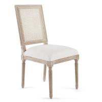 China French-Style Dining Chair with Rectangular Natural Rattan Back, Linen Upholstered Seat for sale