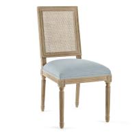 China French-Style Dining Chair with Rectangular Natural Rattan Back, Linen Upholstered Seat for sale