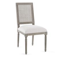 China French-Style Dining Chair with Rectangular Natural Rattan Back, Linen Upholstered Seat for sale