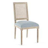 China French-Style Dining Chair with Rectangular Natural Rattan Back, Linen Upholstered Seat for sale