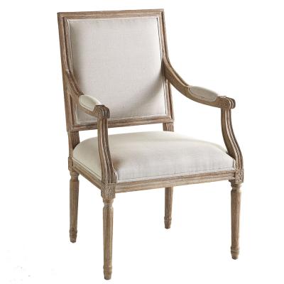 China Vintage French Dining Chair with Square Upholstered Back, Cotton-Linen Seat, and Armrests for sale