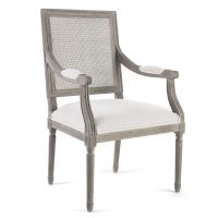 China Vintage French Dining Chair with Square Natural Rattan Back, Cotton-Linen Upholstered Seat, and Armrests for sale