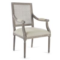 China Vintage French Dining Chair with Square Natural Rattan Back, Cotton-Linen Upholstered Seat, and Armrests for sale