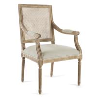 China Vintage French Dining Chair with Square Natural Rattan Back, Cotton-Linen Upholstered Seat, and Armrests for sale