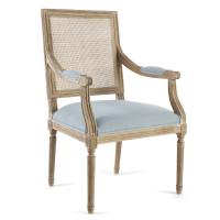 China Vintage French Dining Chair with Square Natural Rattan Back, Cotton-Linen Upholstered Seat, and Armrests for sale