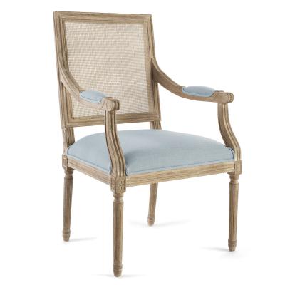 China Vintage French Dining Chair with Square Natural Rattan Back, Cotton-Linen Upholstered Seat, and Armrests for sale
