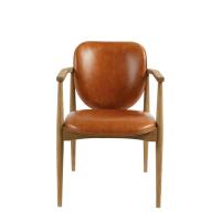 China Curved Leather Back Dining Chair with Armrests and Leather Upholstered Seat, Solid Wood Frame for sale