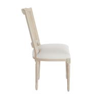 China French-Style Dining Chair with Carved Details, Natural Rattan Back, and Linen Upholstered Seat for sale