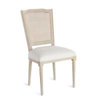 China French-Style Dining Chair with Carved Details, Natural Rattan Back, and Linen Upholstered Seat for sale